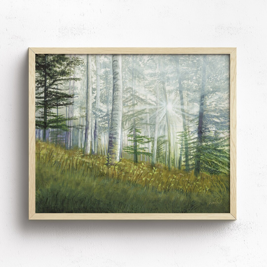 Imagine: Green Forest Landscape Wall Art – Sunlit Hazy Trees Print on ...