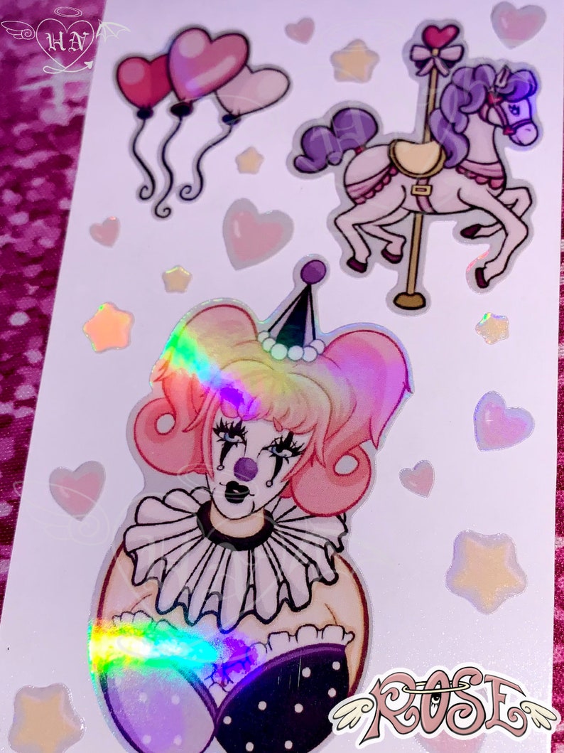 Circus Clown Girl Pinup Sticker Sheet Vinyl Stickers Holographic Clowns ...
