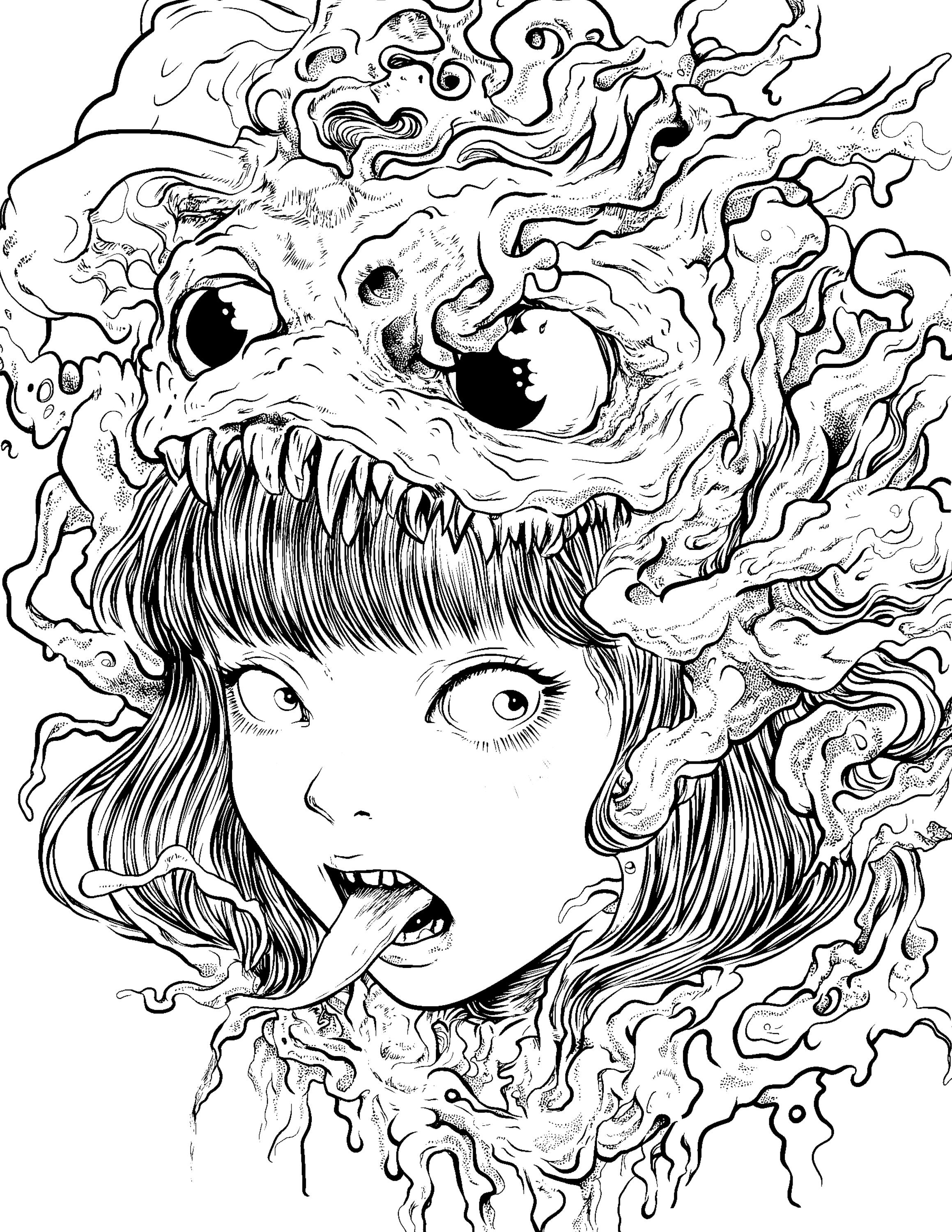 Horrific Monster Fusion Surreal Horror Fantasy Coloring Page Disturbing ...