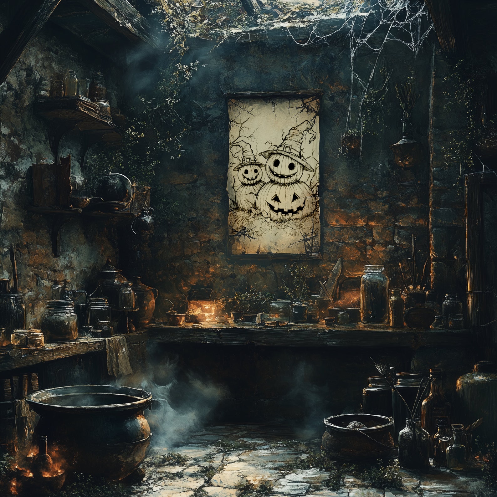 Halloween Pumpkin Duo Coloring Page Spooky Jack-o-lanterns in Witch ...