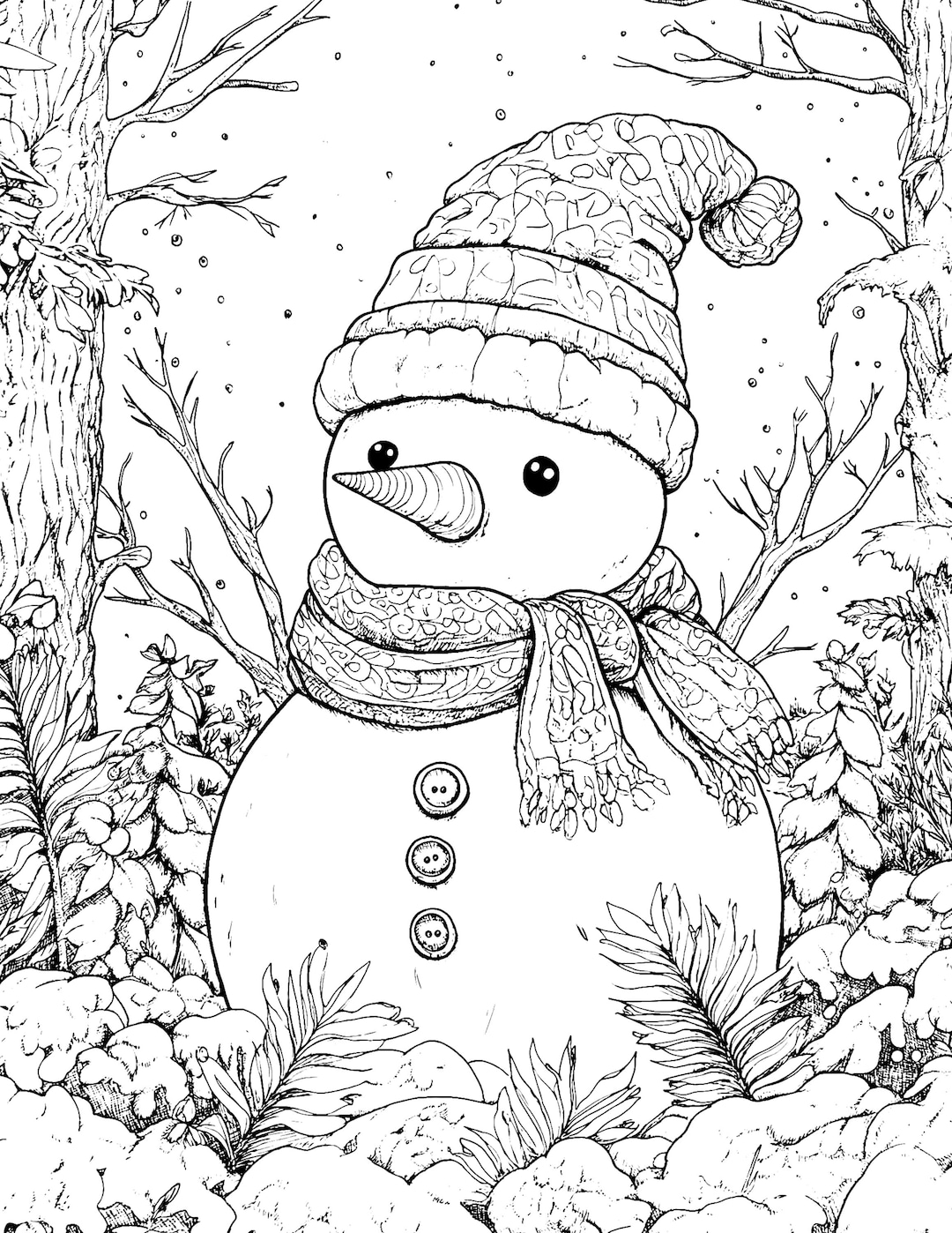 Snowman Christmas Coloring Page Cozy Winter Snowman With Scarf and Hat ...