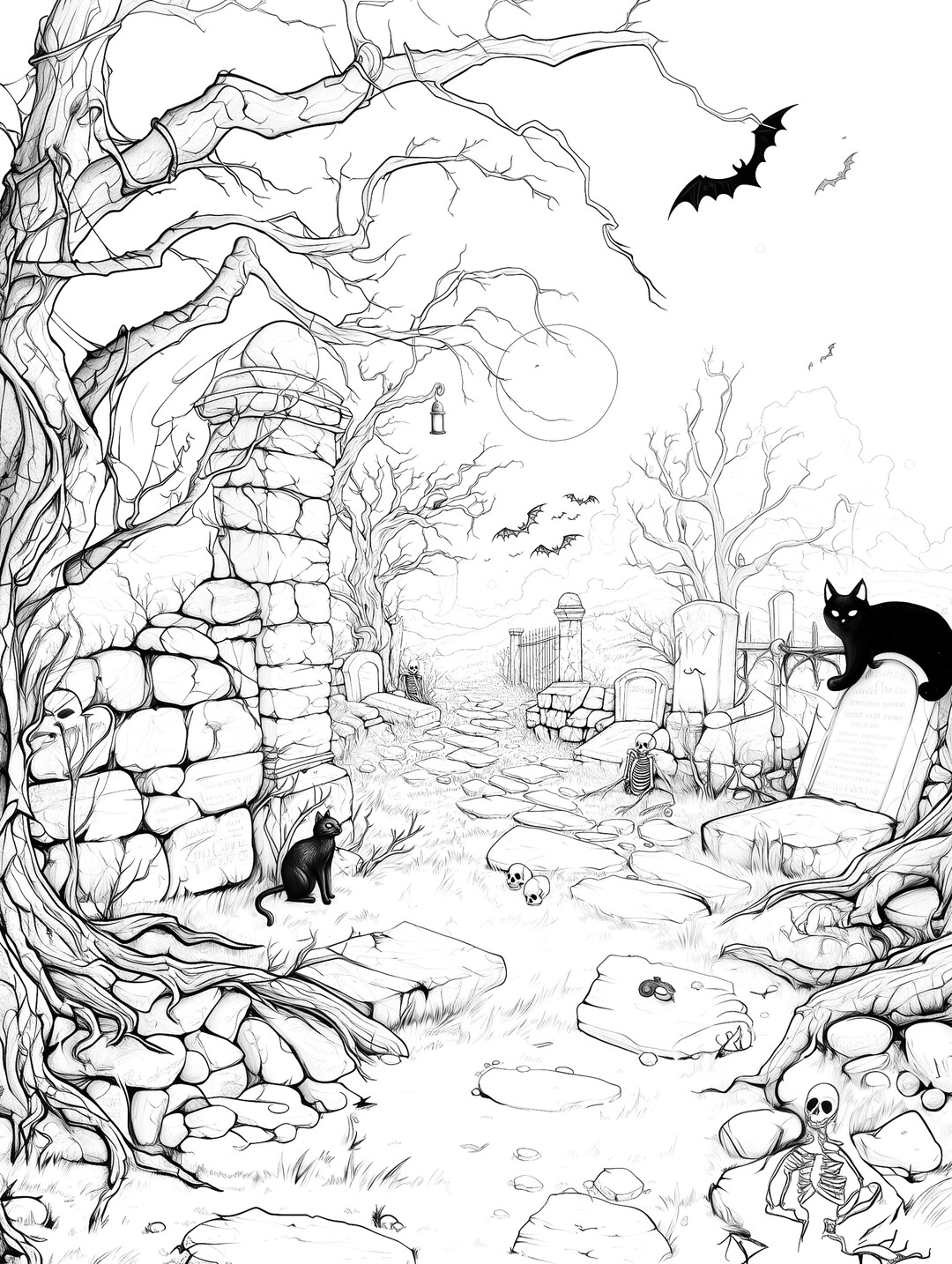 Spooky Graveyard Coloring Page Haunted Cemetery Art Gothic Halloween ...