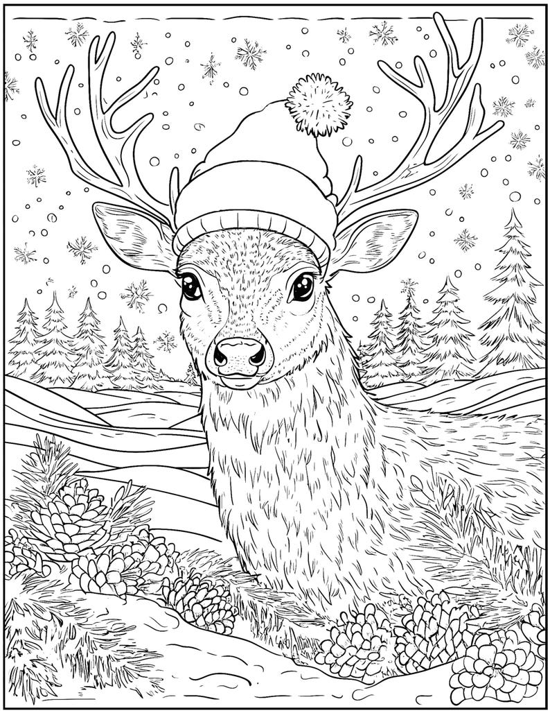 Christmas Reindeer Coloring Page Cute Winter Scene With Festive Deer ...