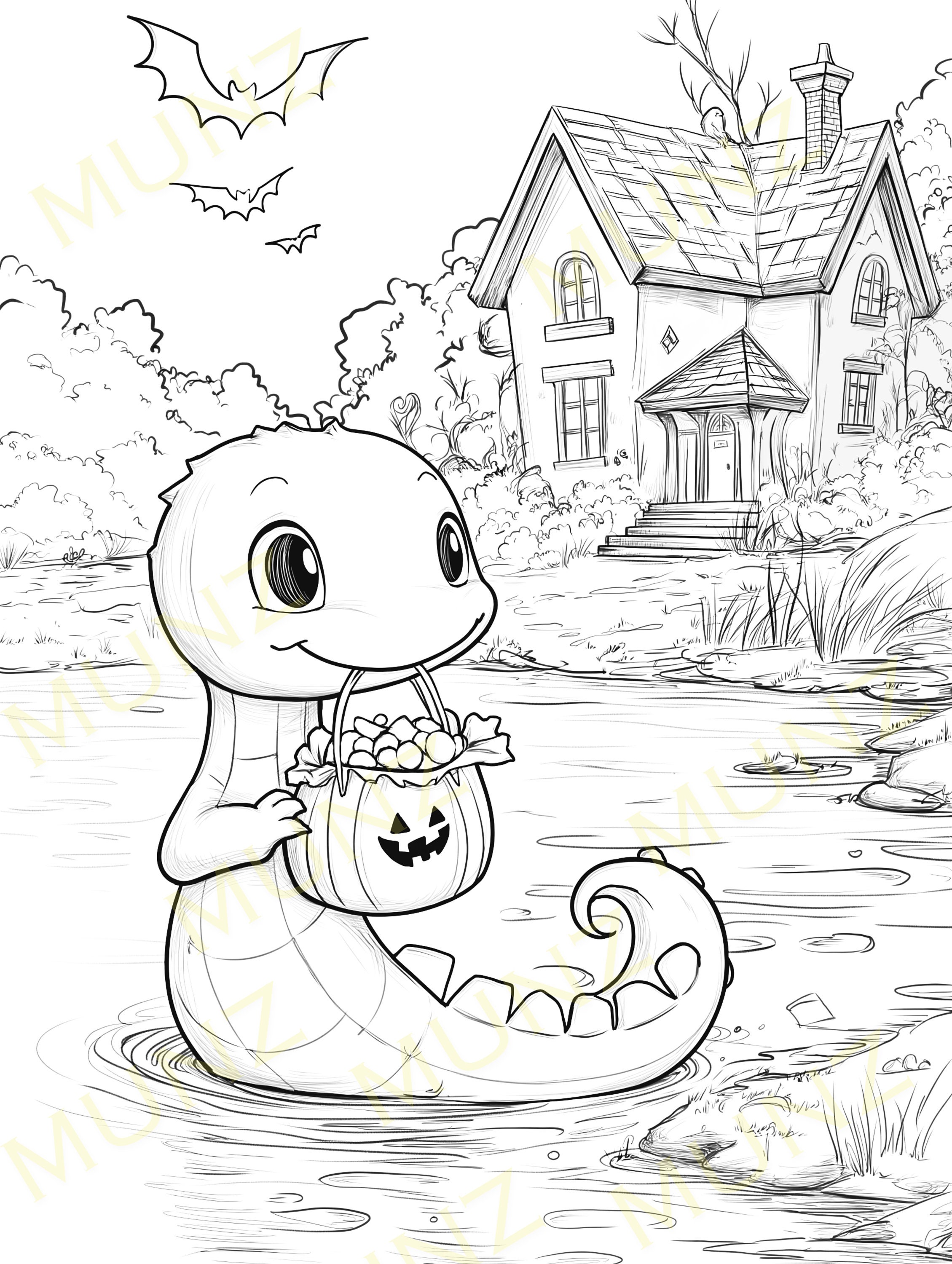 Cute Dinosaur With Halloween Candy Bucket Coloring Page Fun Digital Art ...