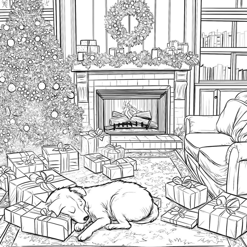 Cozy Christmas Living Room Coloring Page Holiday Fireplace Scene With ...