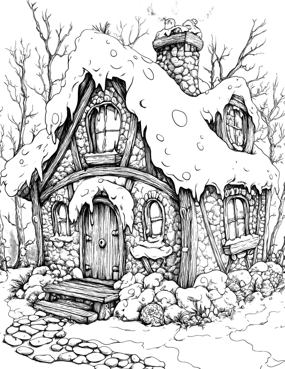 Snow-covered Christmas Cottage Coloring Page Cozy Winter Cabin in the ...