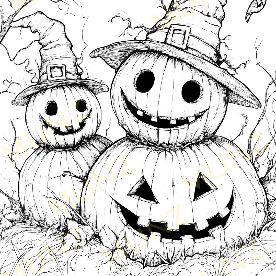Halloween Pumpkin Duo Coloring Page Spooky Jack-o-lanterns in Witch ...