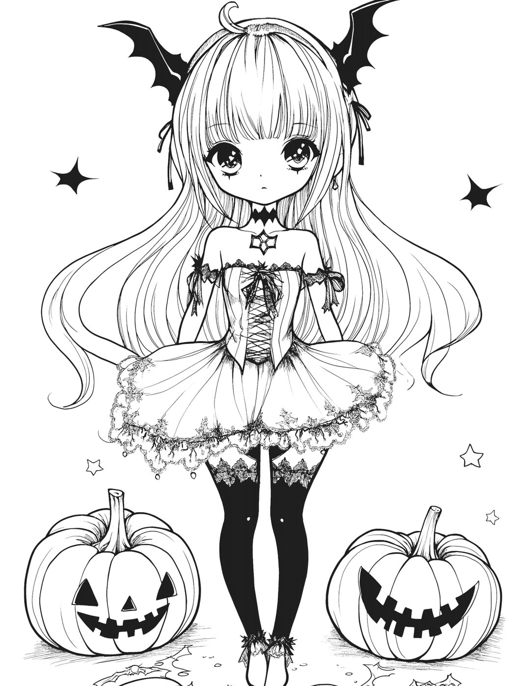 Cute Gothic Halloween Girl With Pumpkins I Kawaii Anime Style Coloring ...
