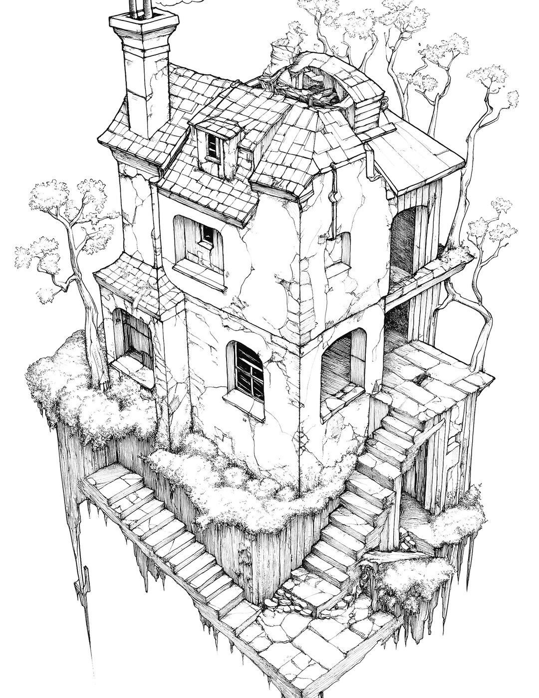 Abandoned Cliffside House I Gothic Architecture Digital Coloring Page ...