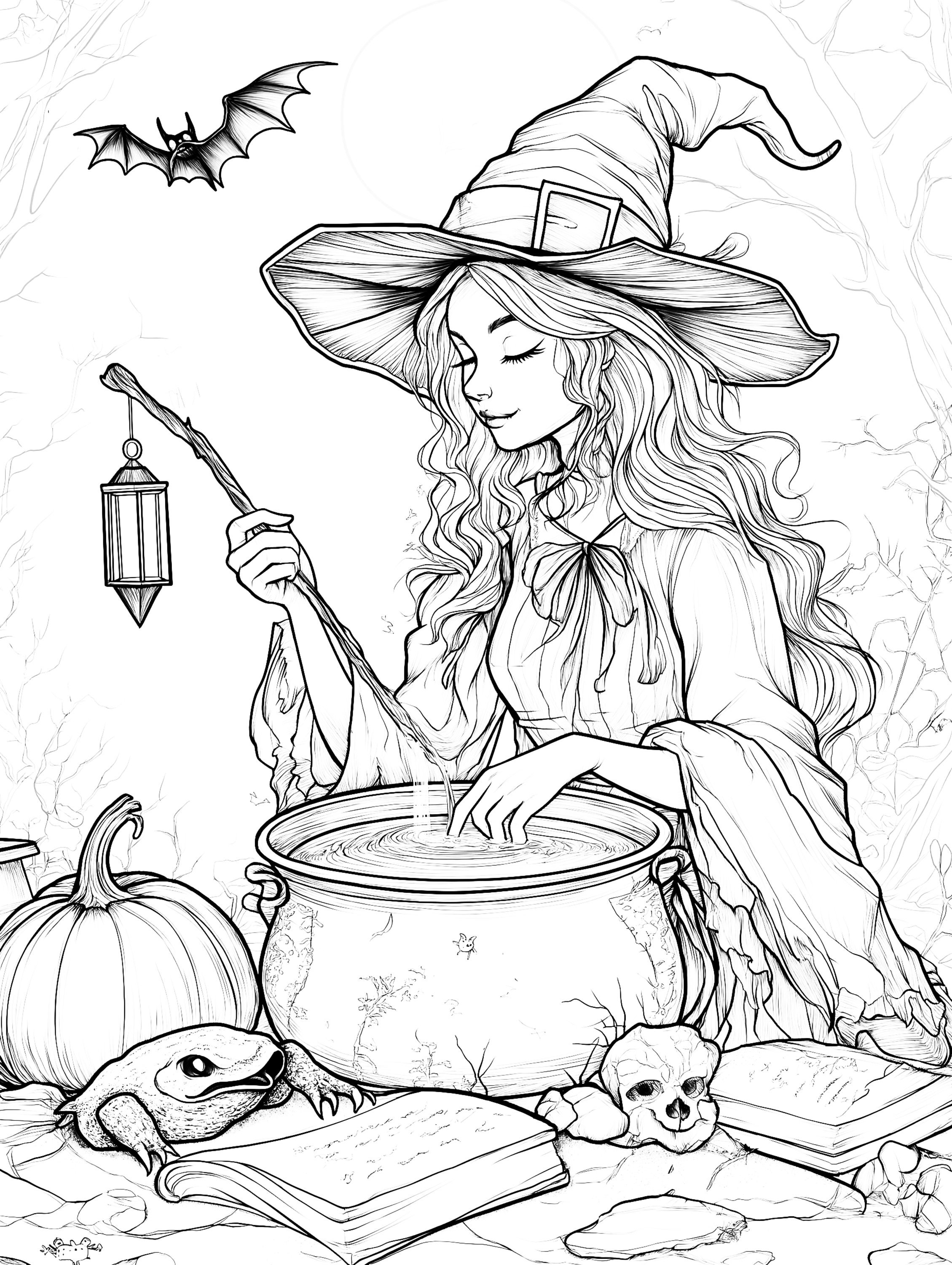 Witch Brewing Potion Coloring Page Magical Witch Art Halloween Fantasy ...