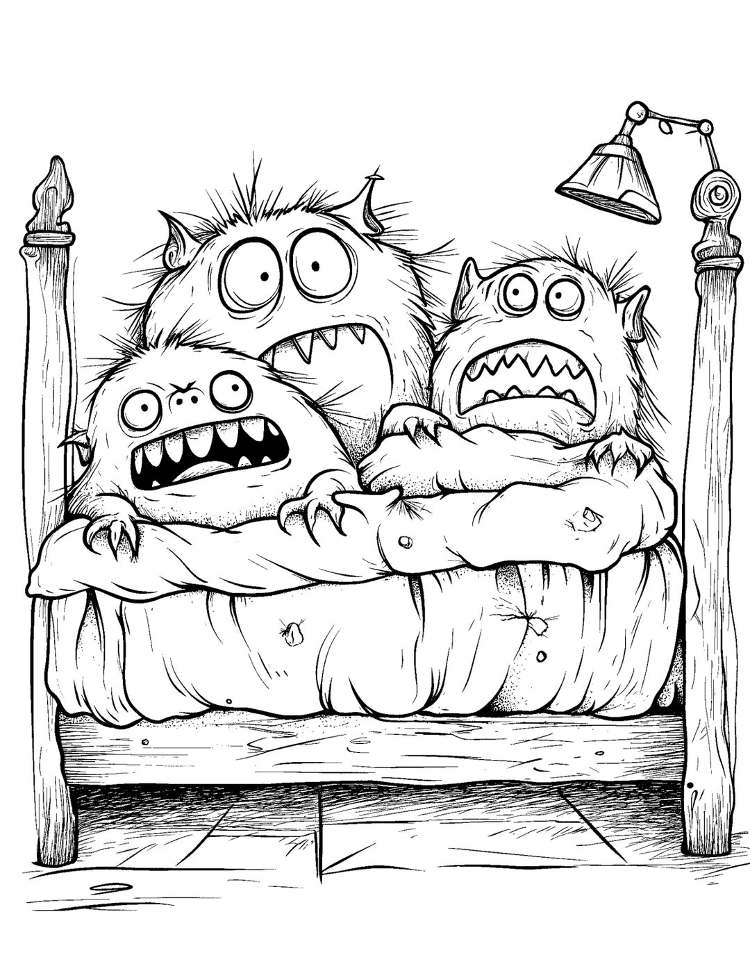 Cute Monster Trio in Bed I Fun and Spooky Cartoon Art Coloring Page I ...