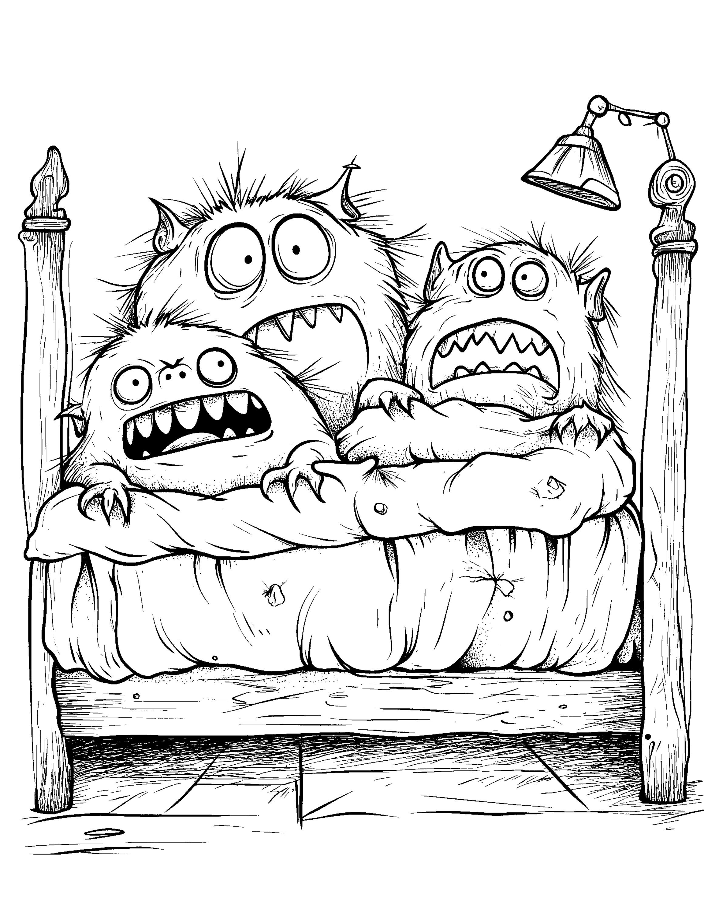 Cute Monster Trio in Bed I Fun and Spooky Cartoon Art Coloring Page I ...