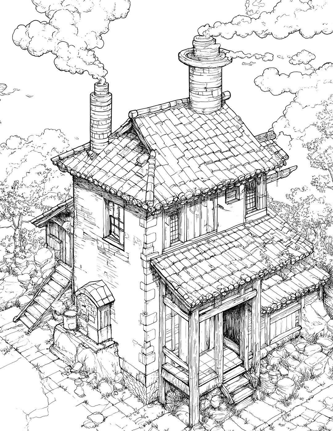 Rustic Cottage Coloring Page Detailed Vintage House Illustration ...