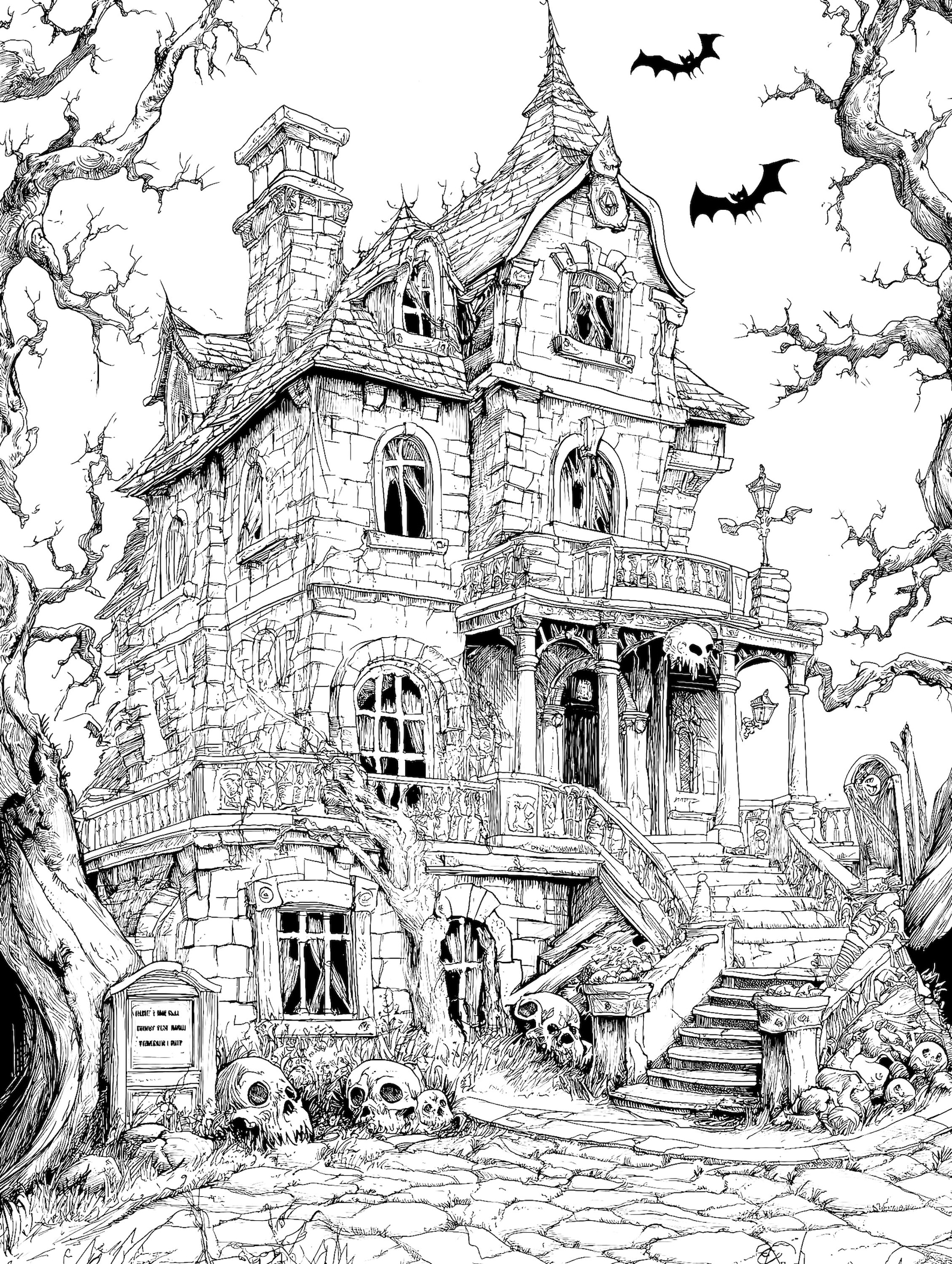 Haunted House Coloring Page Spooky Halloween Mansion Gothic Haunted ...