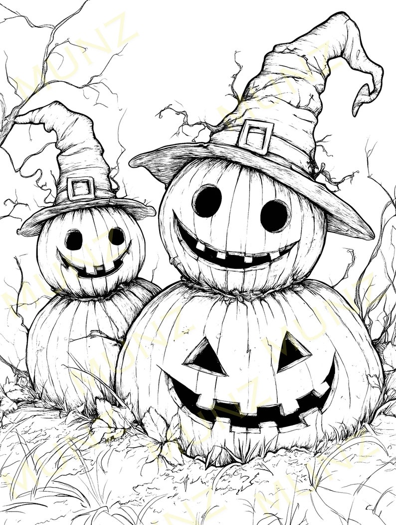 Halloween Pumpkin Duo Coloring Page Spooky Jack-o-lanterns in Witch ...