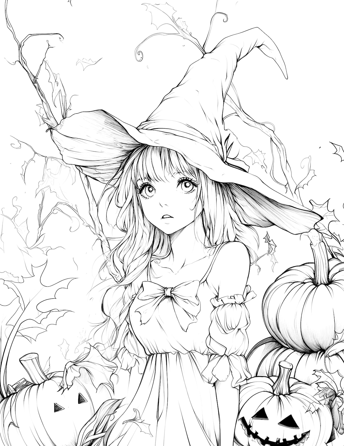 Spooky Witch Halloween Coloring Page Digital Print Art Pumpkin and ...