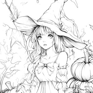 Spooky Witch Halloween Coloring Page Digital Print Art Pumpkin and ...