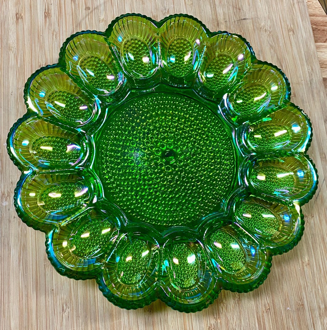 Rare Vintage Iridescent Green Indiana Carnival Glass Deviled Egg ...