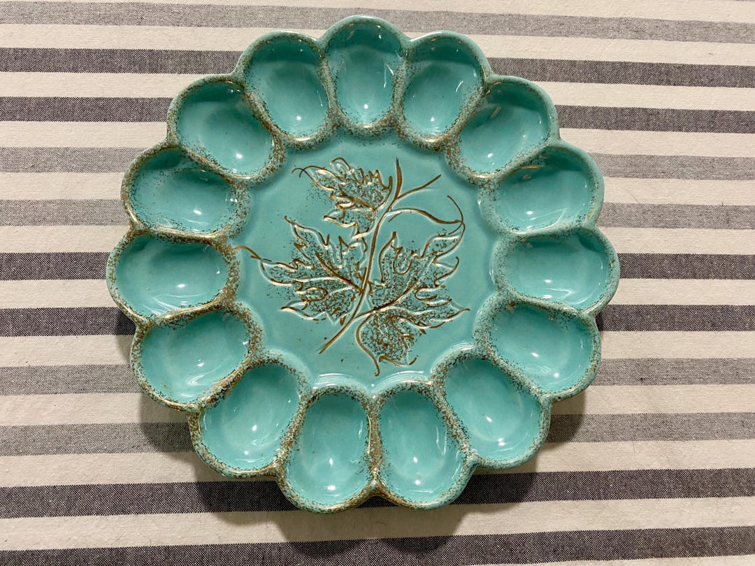 Vintage MCM Signed California Originals #703 Deviled Egg Plate Ceramic Turquoise Blue Gold ...