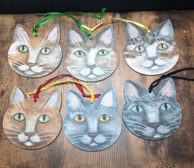 Cat Face Hanging Ornament ~ Mottled Brown Kitty Face 3.5" ~ Folk Art ...