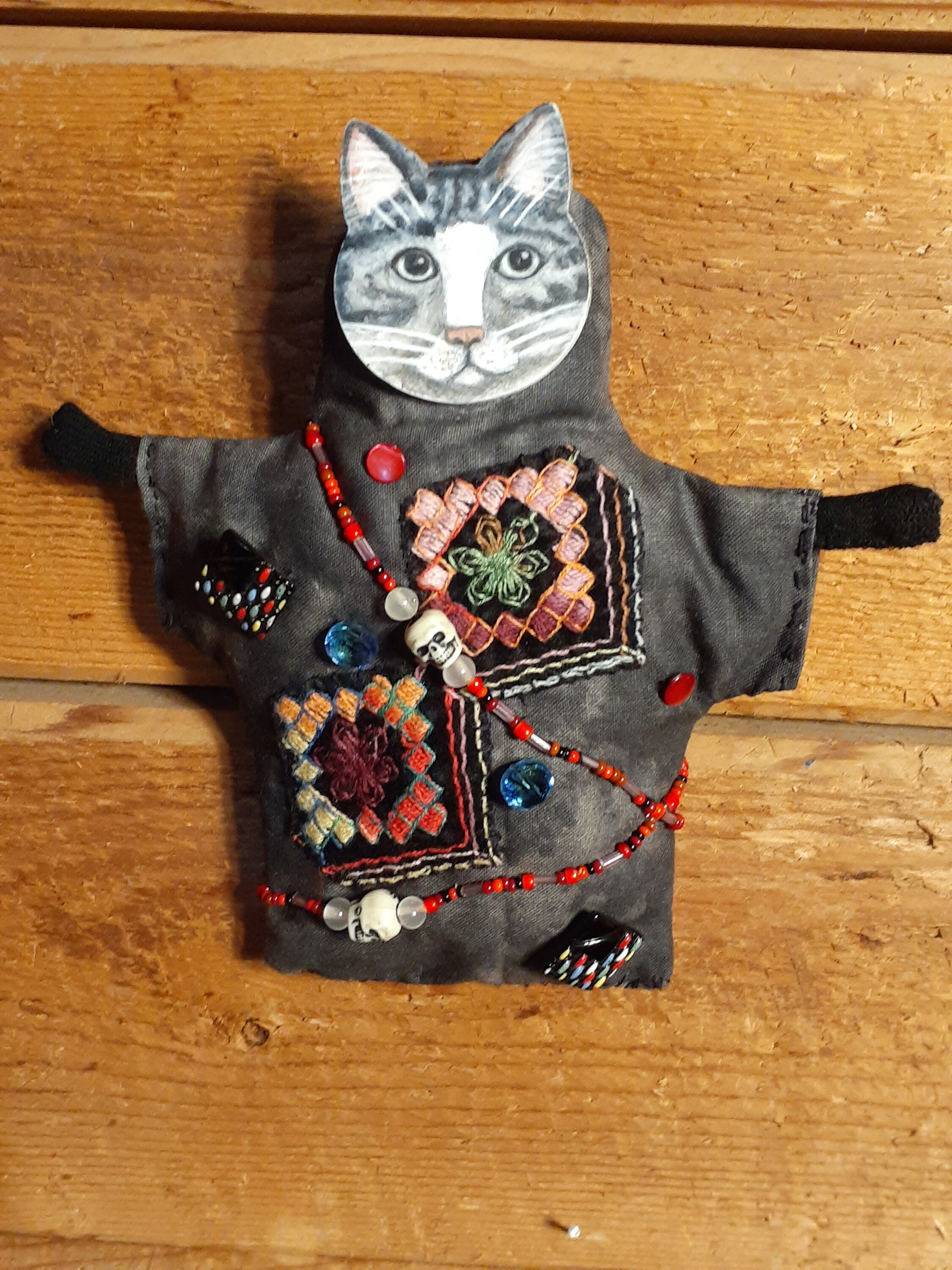 Cat Folk Art Doll / Wall Hanging Hand-stitched Spirit Cat Cloth Body ...