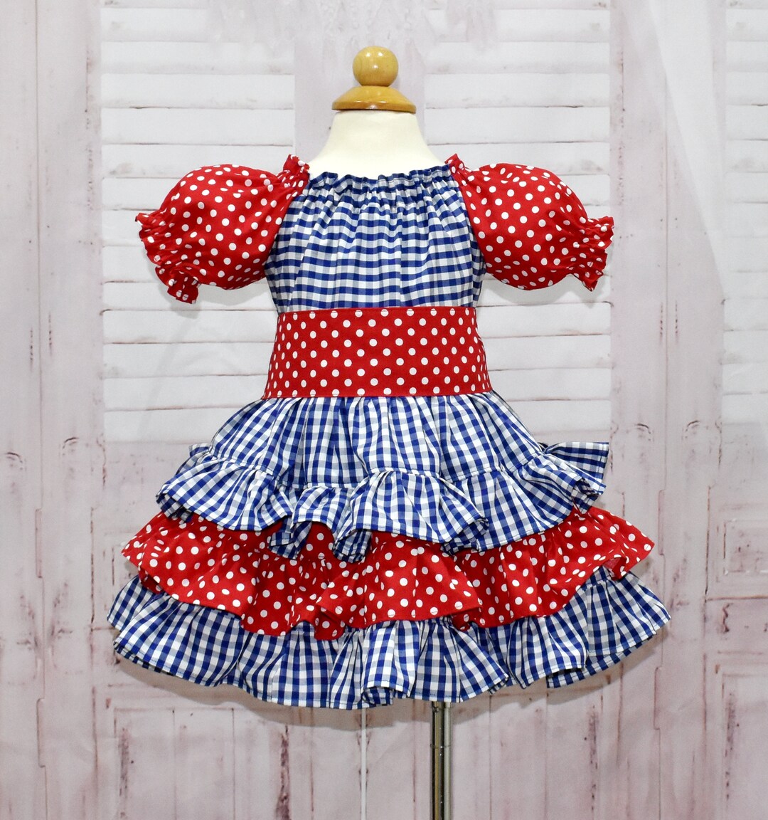 Blue and Red Dress, Blue Gingham Dress, Red Polka Dots Girl Dress, Girl ...