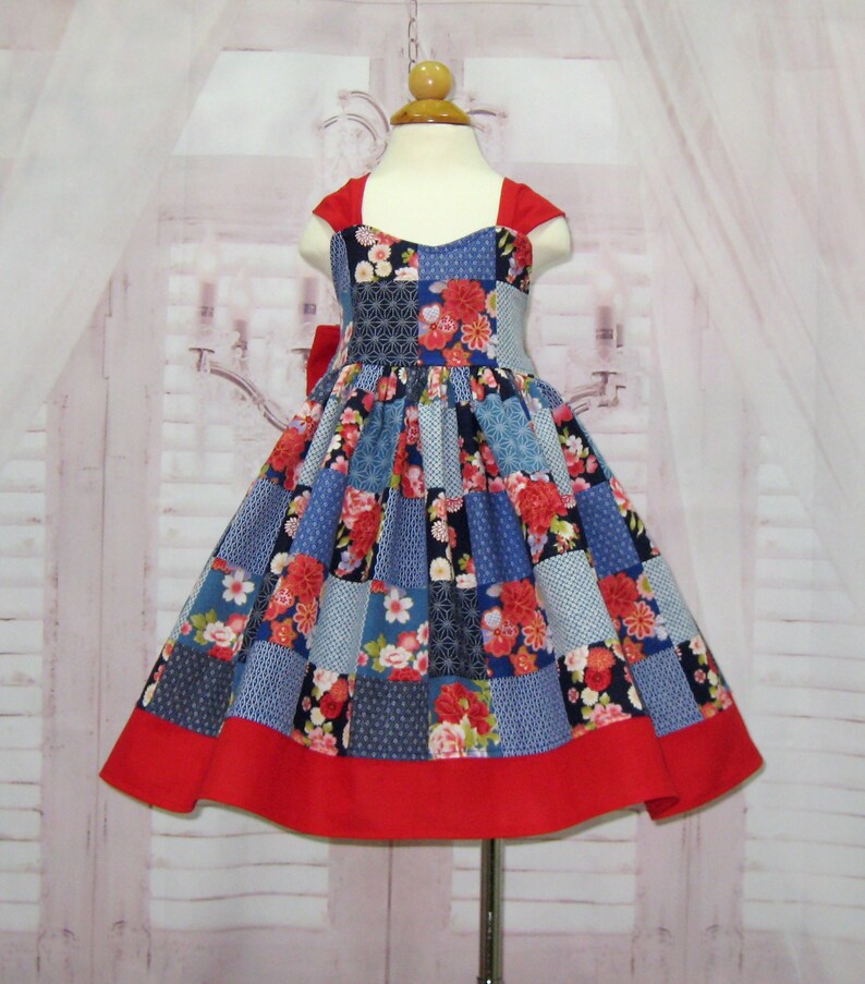 Blue Floral Girl Dress Patchwork Girl Dress Blue and Red | Etsy