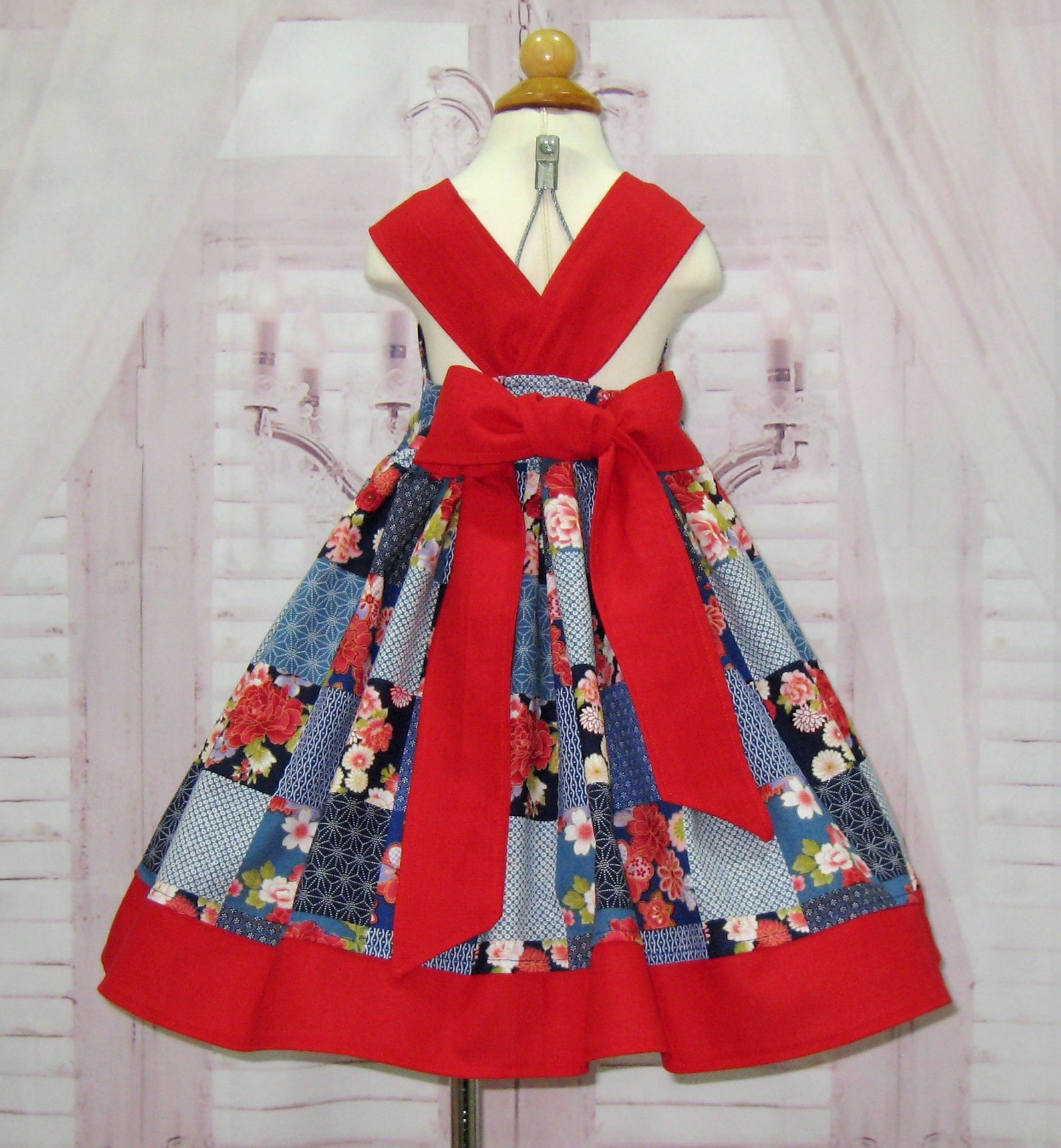 Blue Floral Girl Dress Patchwork Girl Dress Blue and Red | Etsy