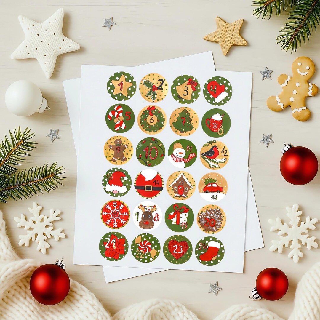 Advent Calendar Number Stickers – 24 Number Tags, Christmas Countdown ...