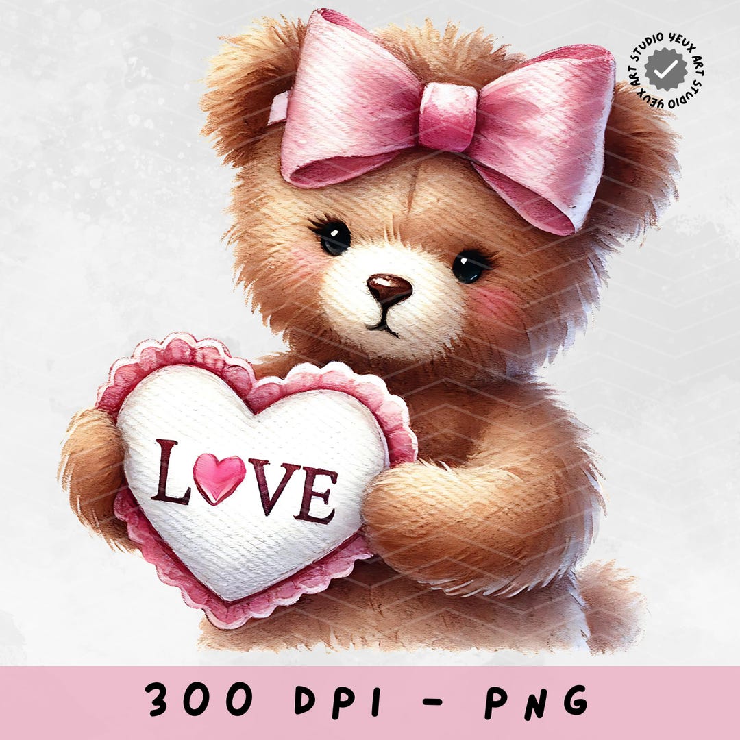 Valentine's Day Bear Clipart Png, Watercolor Sublimation Printing for T ...