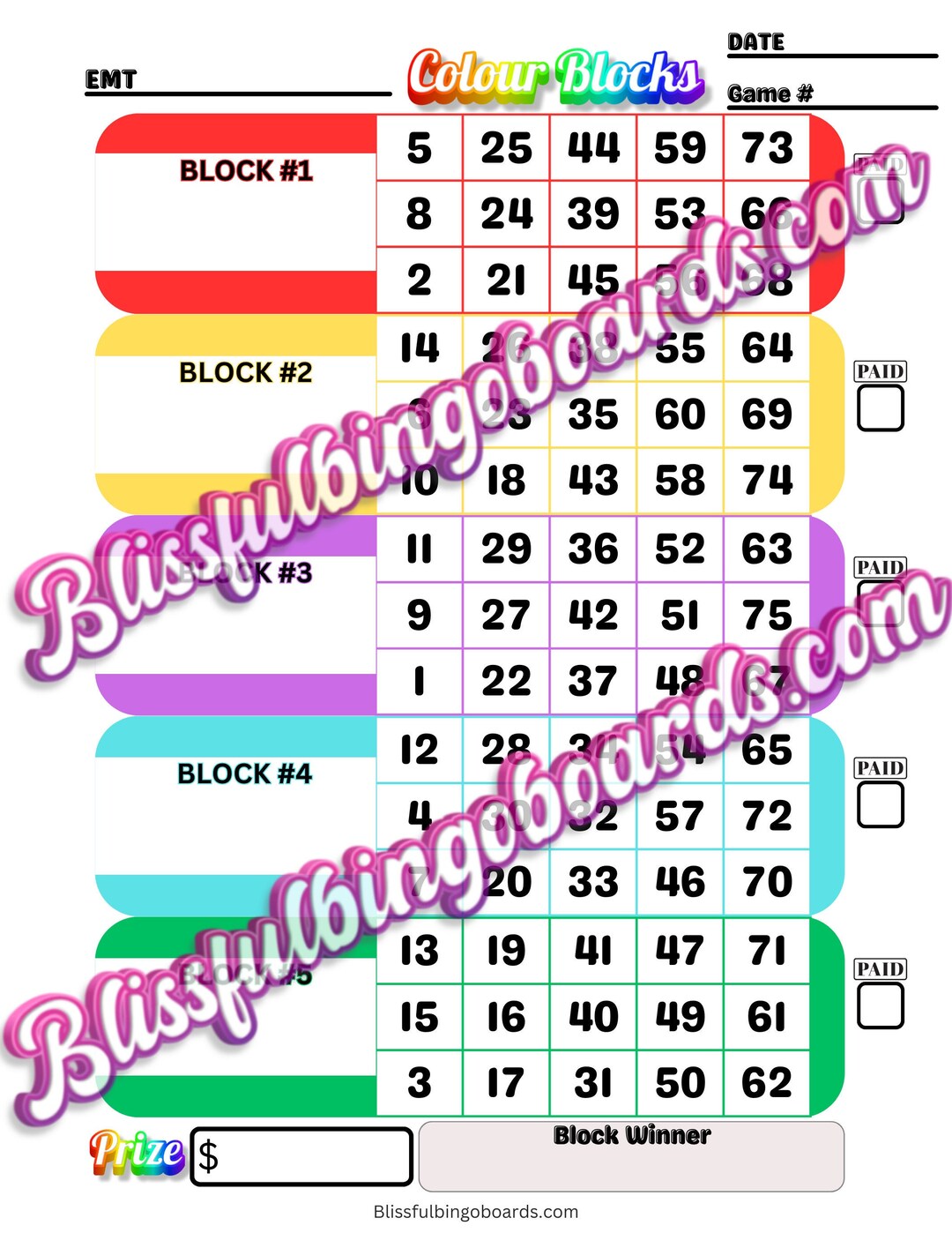 Colour Blocks Bingo Board With BIG Numbers, Printable Single Sheet ...