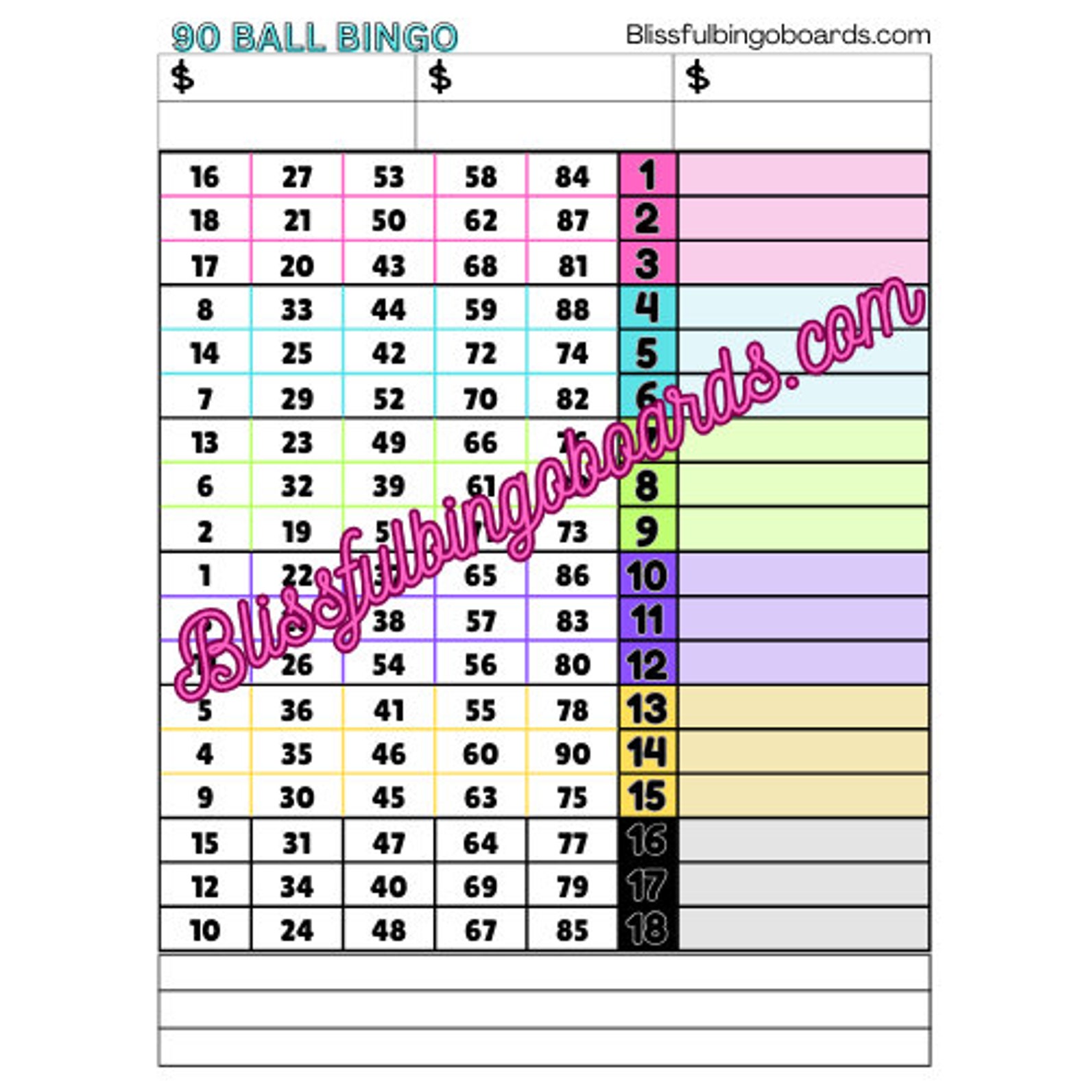 90 BALL Bingo Board Bundle 10 18 PLAYER 90 Number Board, Printable 10 ...