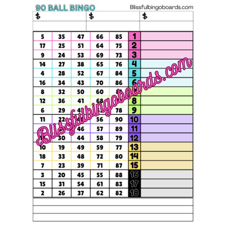 90 BALL Bingo Board Bundle 10 18 PLAYER 90 Number Board, Printable 10 ...