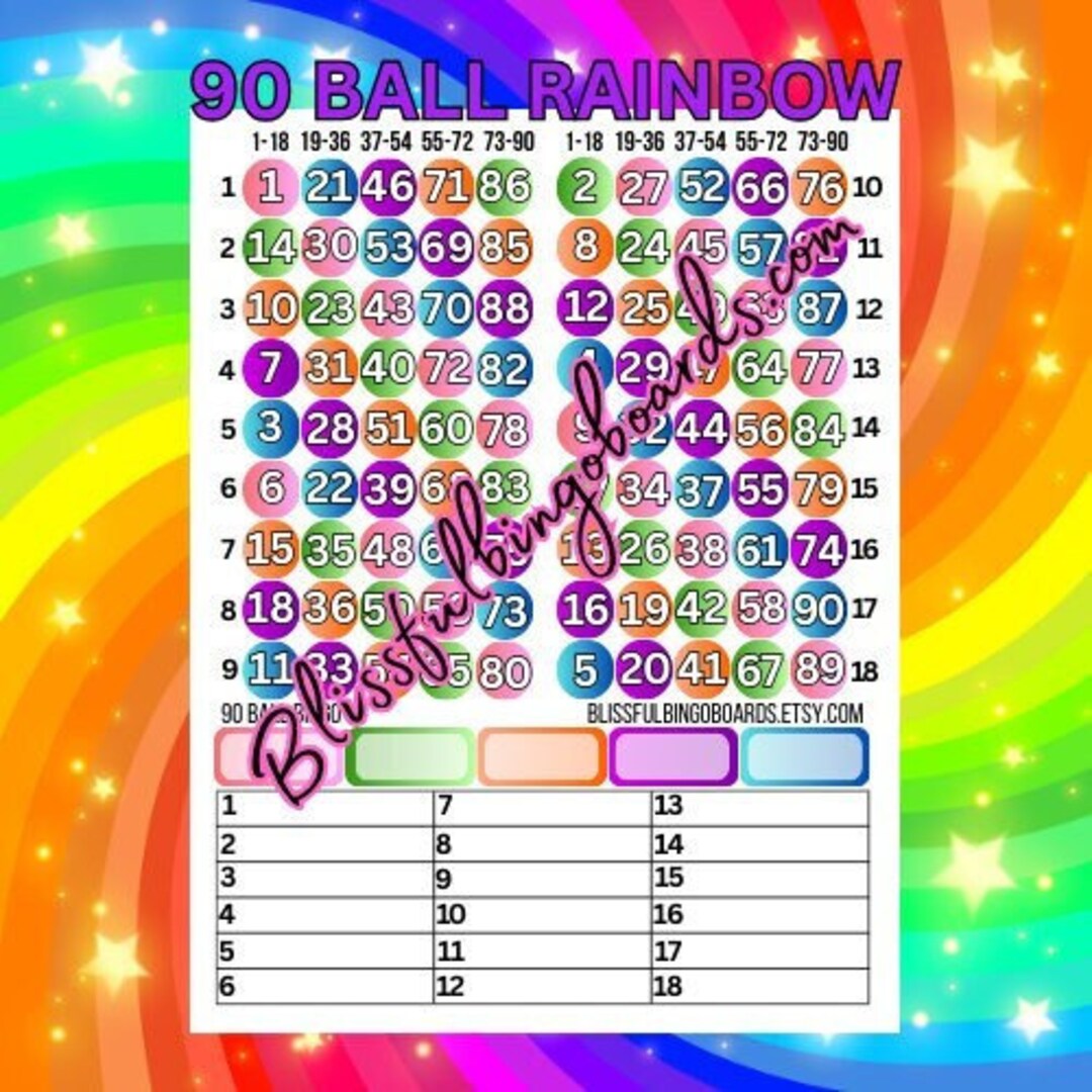 90 Ball Rainbow Bingo Board, 90 Number, 18 Player Board, 1PDF Printable ...