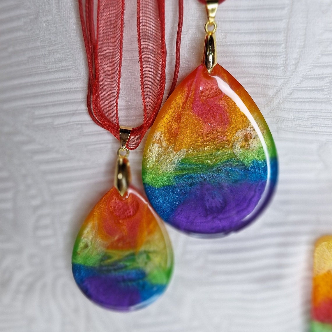 Several Handmade Resin Pendant Necklaces With Sparkly Rainbow Mica ...