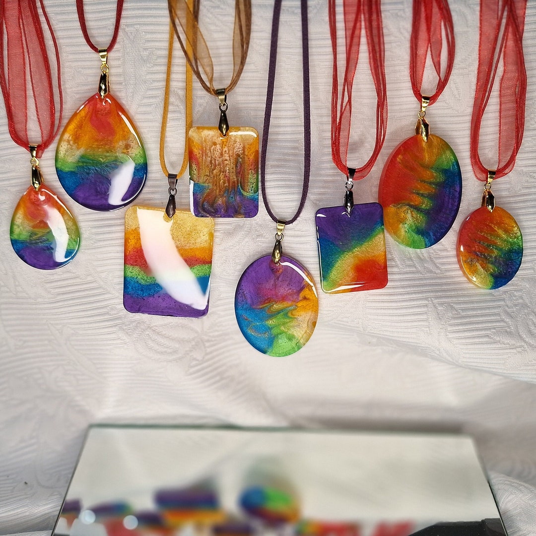 Several Handmade Resin Pendant Necklaces With Sparkly Rainbow Mica ...
