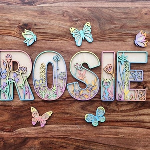 Personalised Wooden Name Sign | Floral Rainbow Letters, Nursery Decor ...