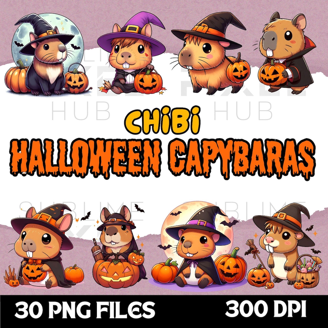 Chibi Halloween Capybaras Png, Png Files, Clipart, Kawaii, Halloween ...