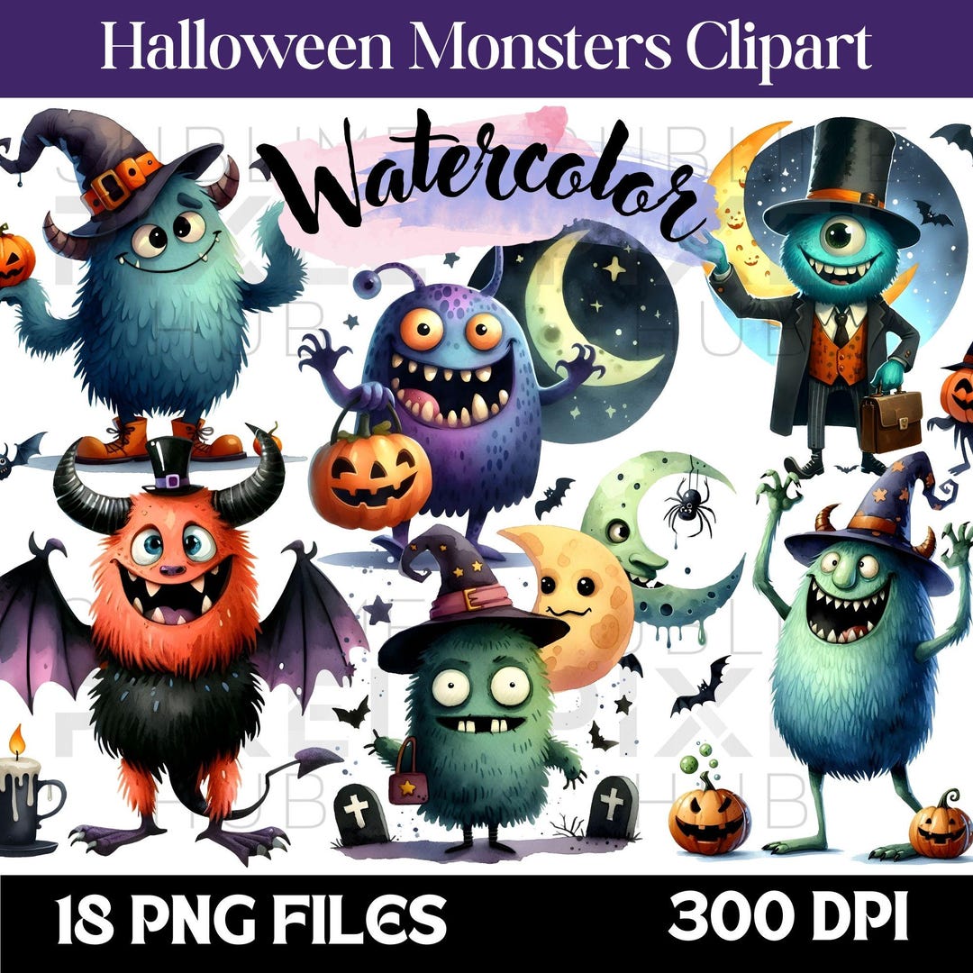 Watercolor Halloween Monster Clipart, PNG Files, Transparent Background ...
