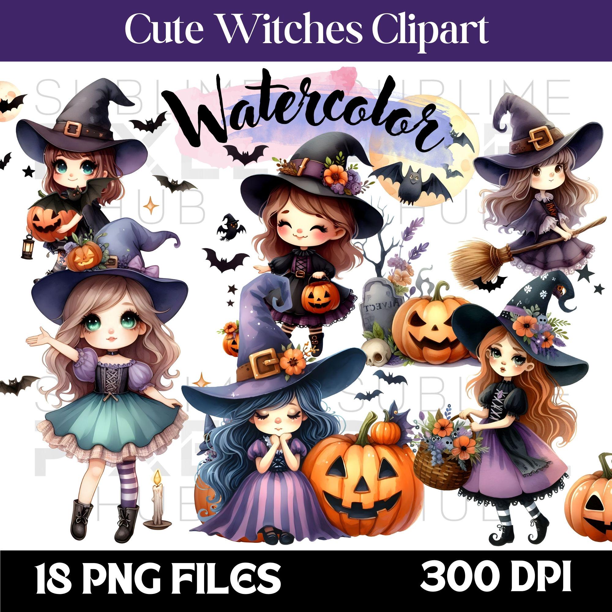 Cute Witches Watercolor Clipart Png, Png Files, Clipart, Halloween ...