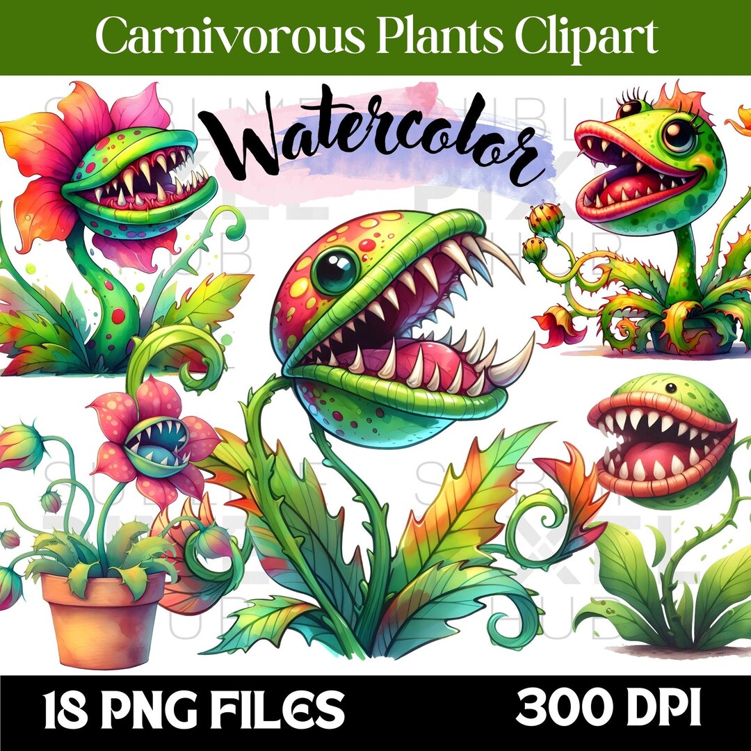 Watercolor Carnivorous Plants Clipart, Funny Illustrations (PNG Files ...