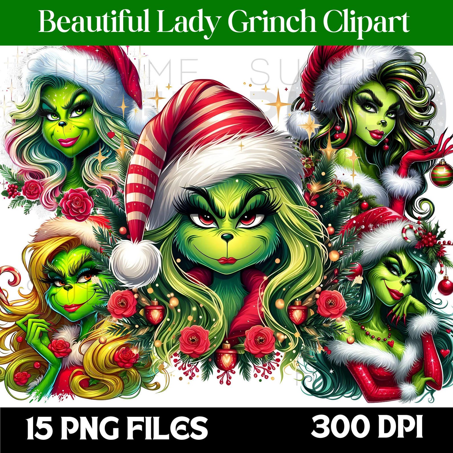 Lady Grinch Christmas Clipart, PNG Files (digital Download) - Etsy