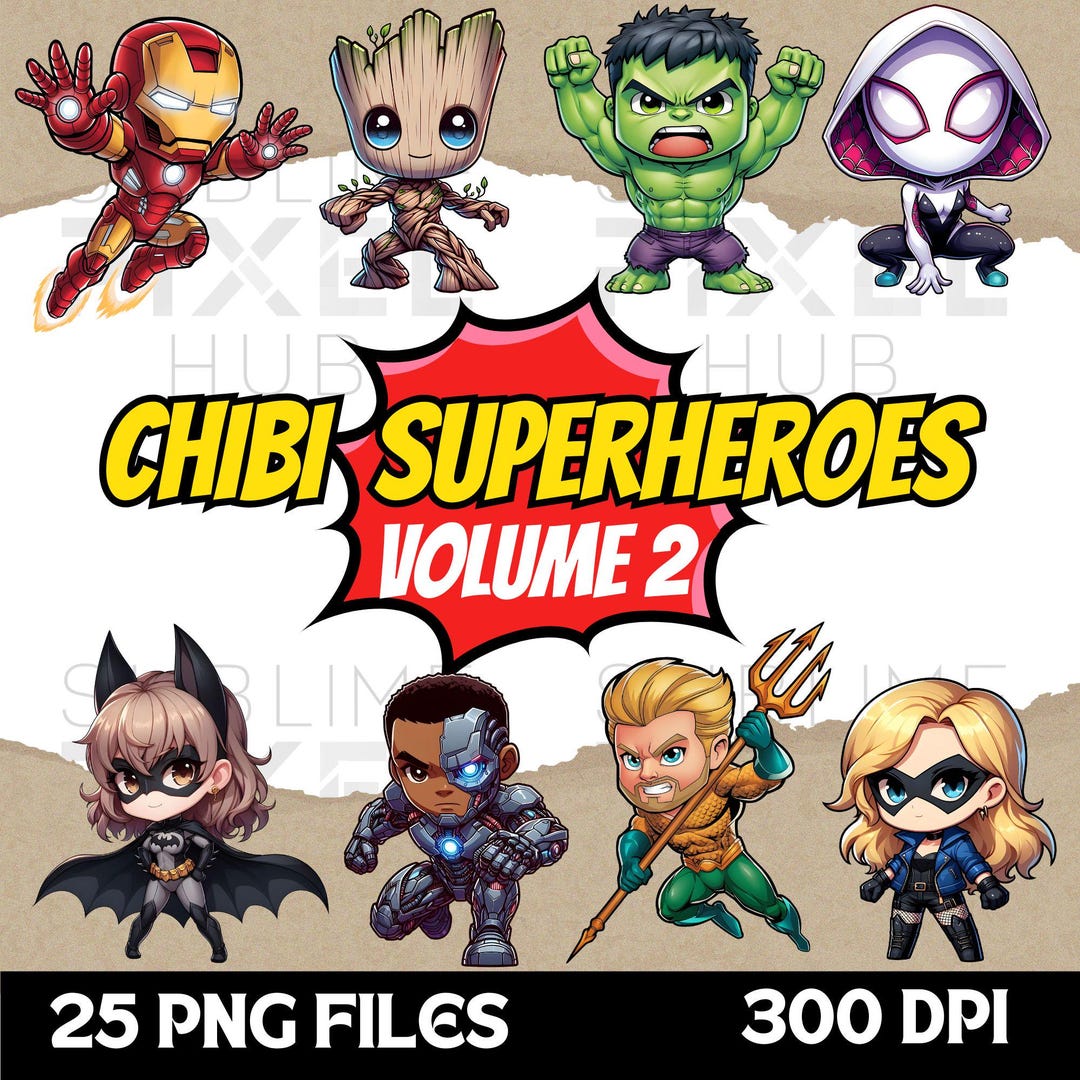 Chibi Superheroes Clipart, Kids Stickers, PNG Files (digital Download ...