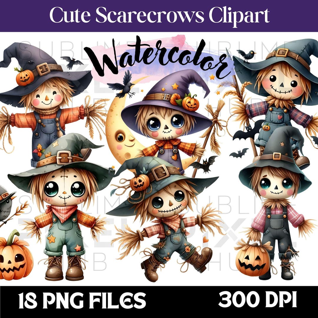 Cute Scarecrows Watercolor Clipart Png, Png Files, Clipart, Scarecrow ...