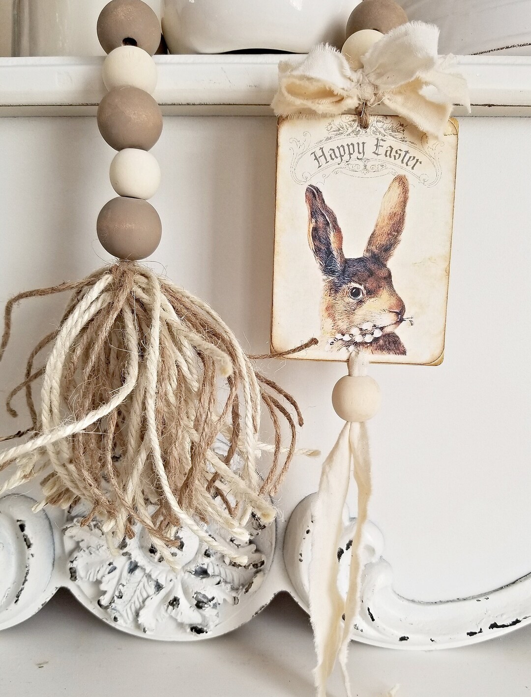 Farmhouse Bead Garland, Wood Bead Garland, Spring Bead Garland, Spring ...