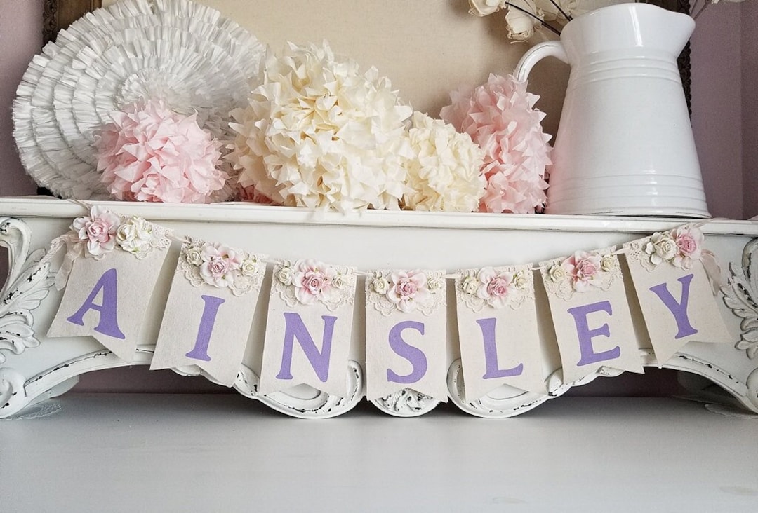 Custom Girl Name Banner, Lavender Shabby Chic Nursery Decor, Birthday ...