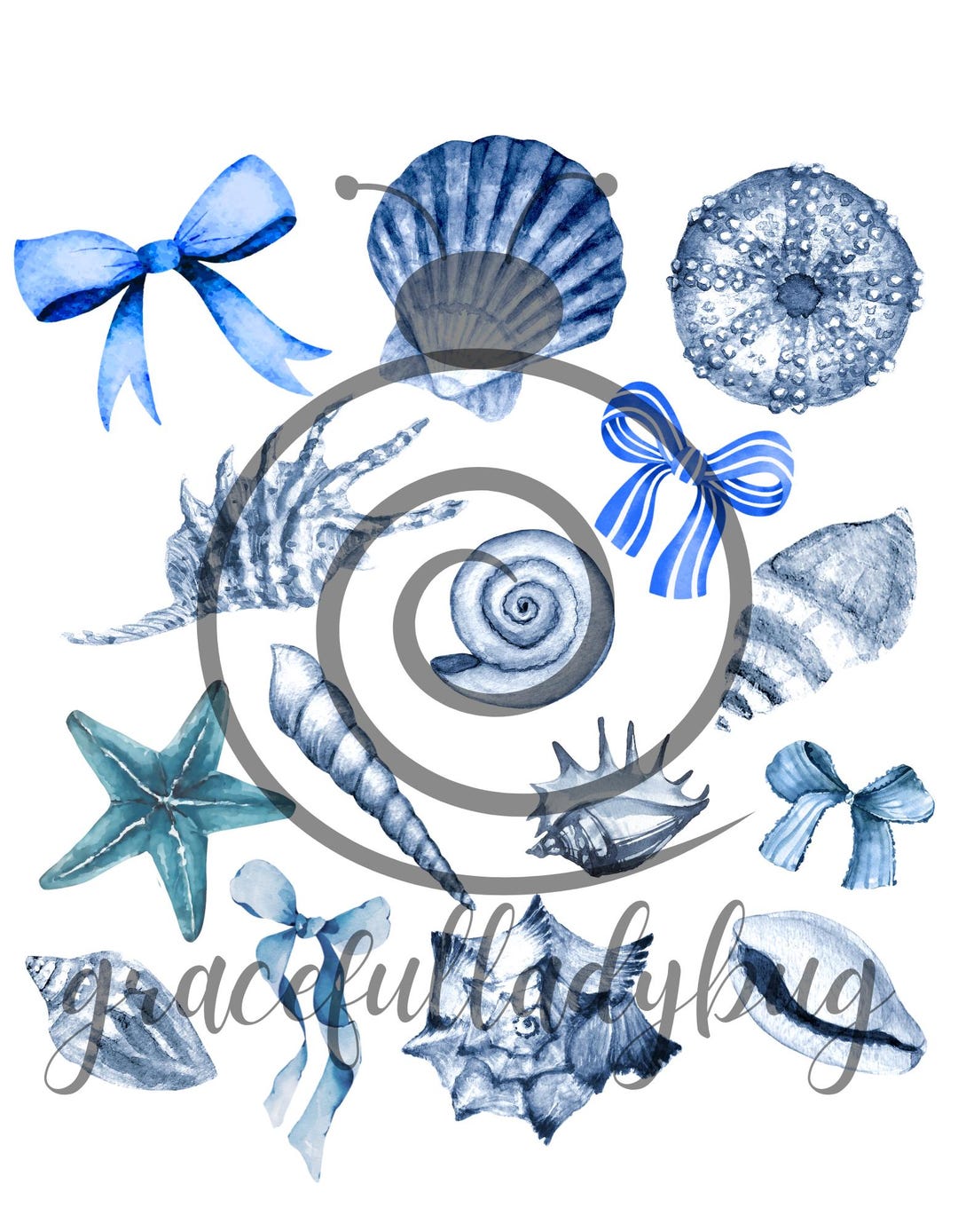 Coquette Summer Coastal Beach Blue Watercolor Seashells & Bows ...
