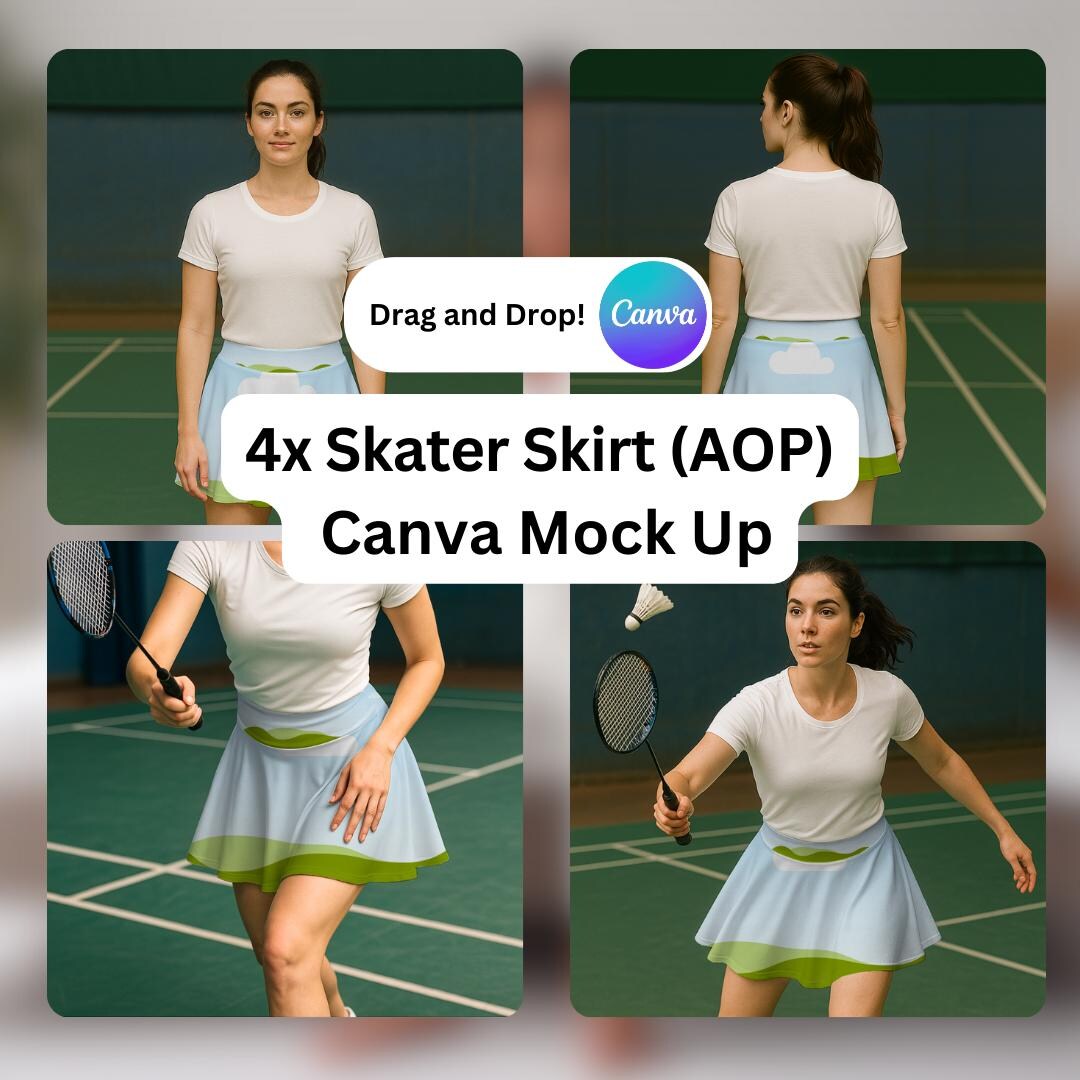 4x Skater Skirt Mockups for Canva, POD Sport Skirt Mock Up, Drag and Drop Canva, Tennis Skirt ...