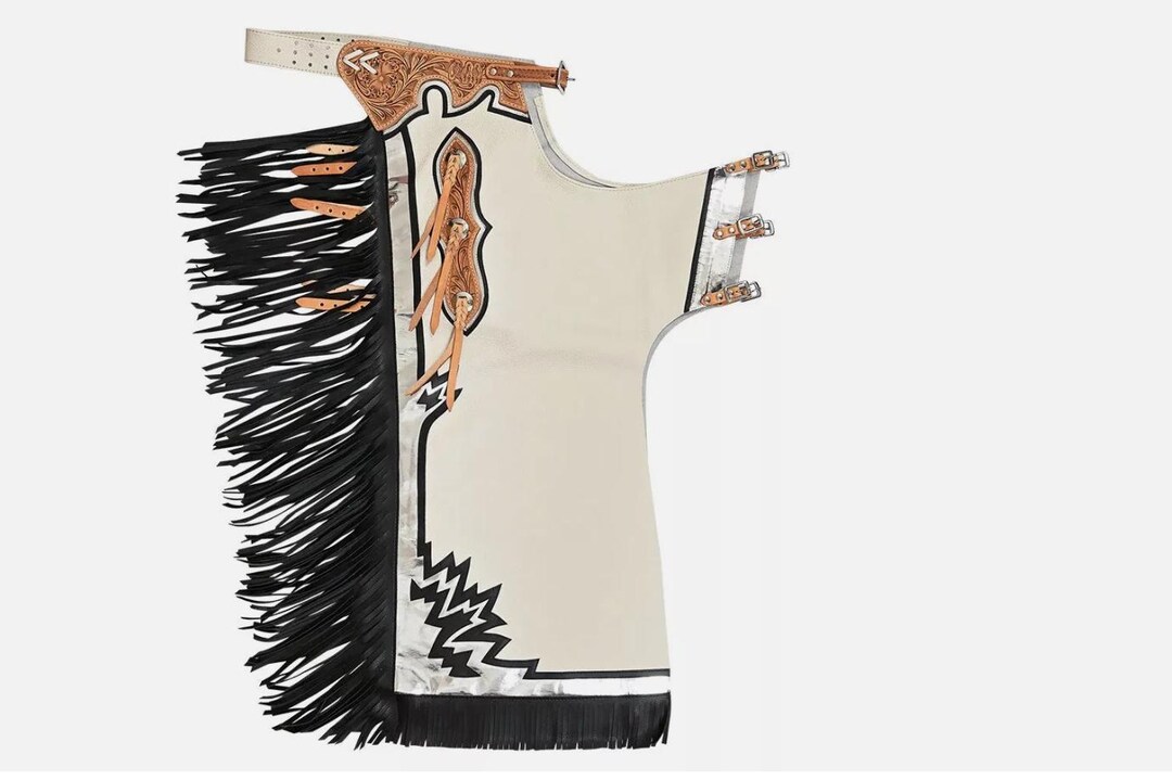 Bull Riding Pro Rodeo Chaps Beige Smooth Leather Skin Black Fringes ...
