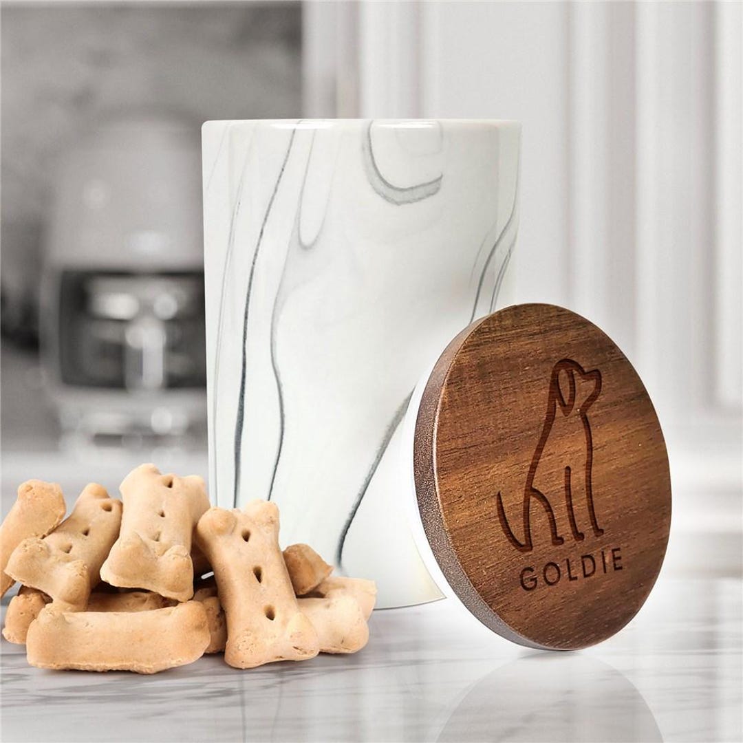 Dog Treat Jar With A Marble Design, Engraved Dog Outline Pet Treat Jar ...